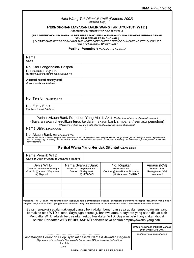 Borang UMA-7 (Pin.1 2015) - Borang Permohonan Bayaran Balik WTD | PDF