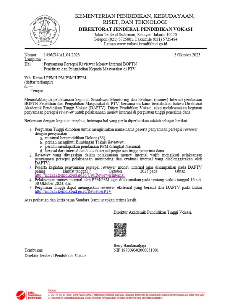 Surat Pemberitahuan Pengusulan Reviewer Untuk Penyamaan Persepsi Monitoring Dan Evaluasi ...