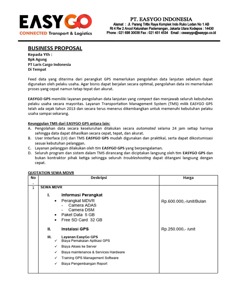Penawaran Harga Sewa MDVR, Dascham, GPS PT Laris Cargo Indonesia | PDF