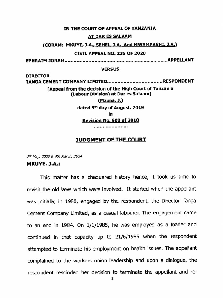 Ephraim Joram Vs Director Tanga Cement Company Limited (Civil Appeal No ... Ephraim Joram Vs Director Tanga Cement Company Limited (Civil Appeal No ...