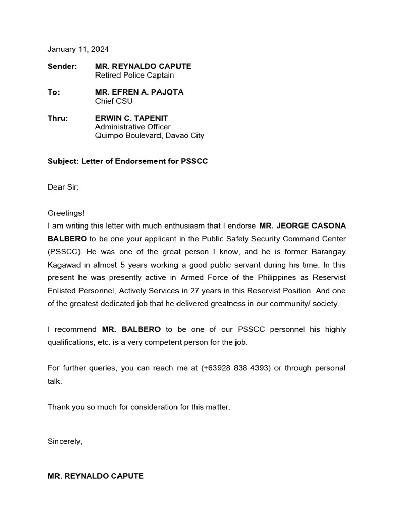 Endorsement for PSSCC: Jeorge Balbero | PDF | Language Arts & Discipline