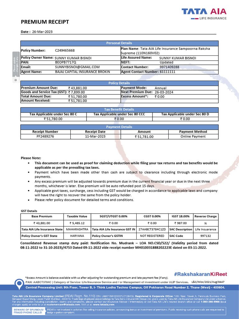 Tata AIA Premium Receipt for Tax Filing | PDF