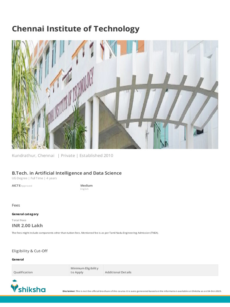 CIT Chennai B.Tech Fees and Scholarships | PDF