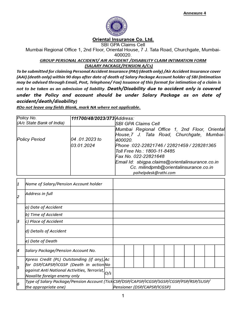 070123-PAI & AAI Claim Forms | PDF | Cheque | Insurance