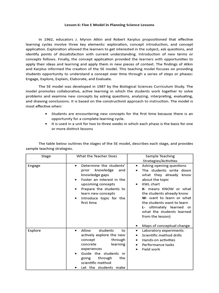 Lesson 6 Five E Model in Planning Science Lessons | PDF