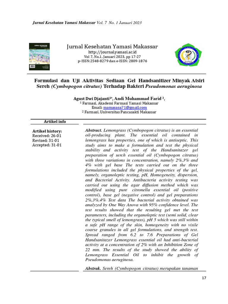 Jurnal Handsanitazer Sereh | PDF | Chemistry | Chemical Substances