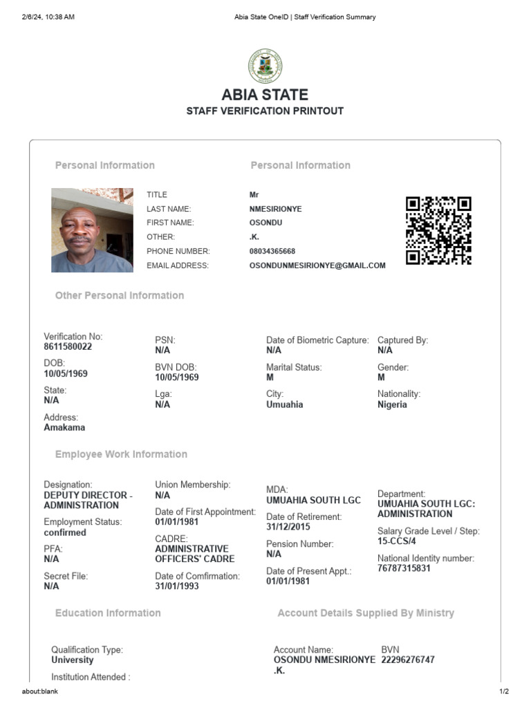 Abia State OneID - Staff Verification Summary | PDF