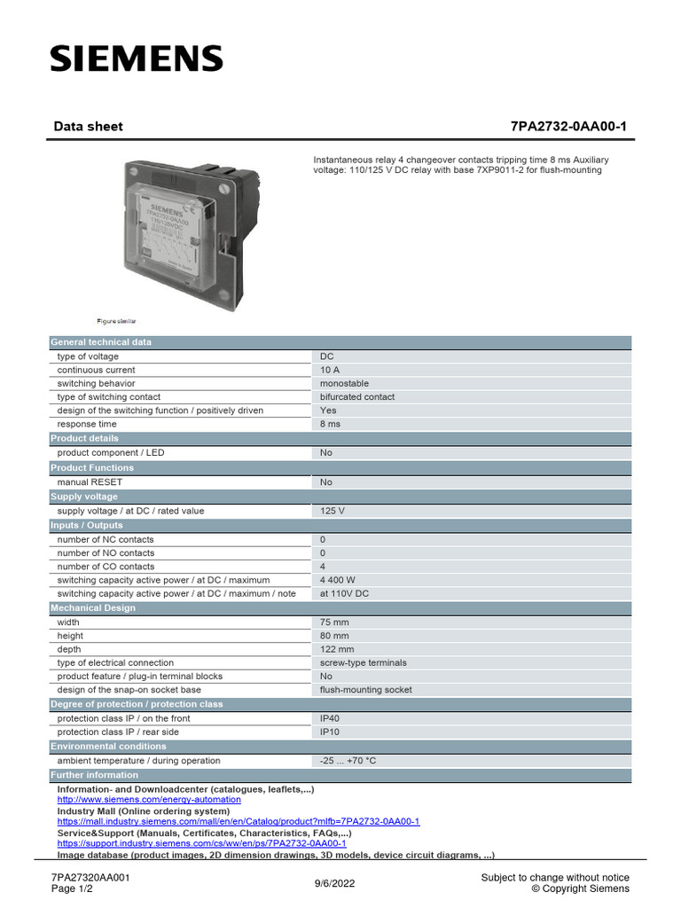 7PA27320AA001 Datasheet en | PDF | Switch | Relay