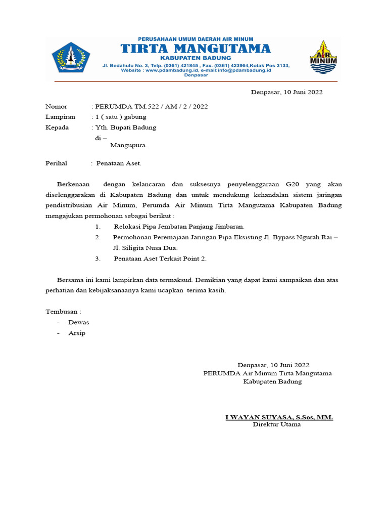 Surat Ke Bupati - Permohonan Pemasangan Pipa | PDF