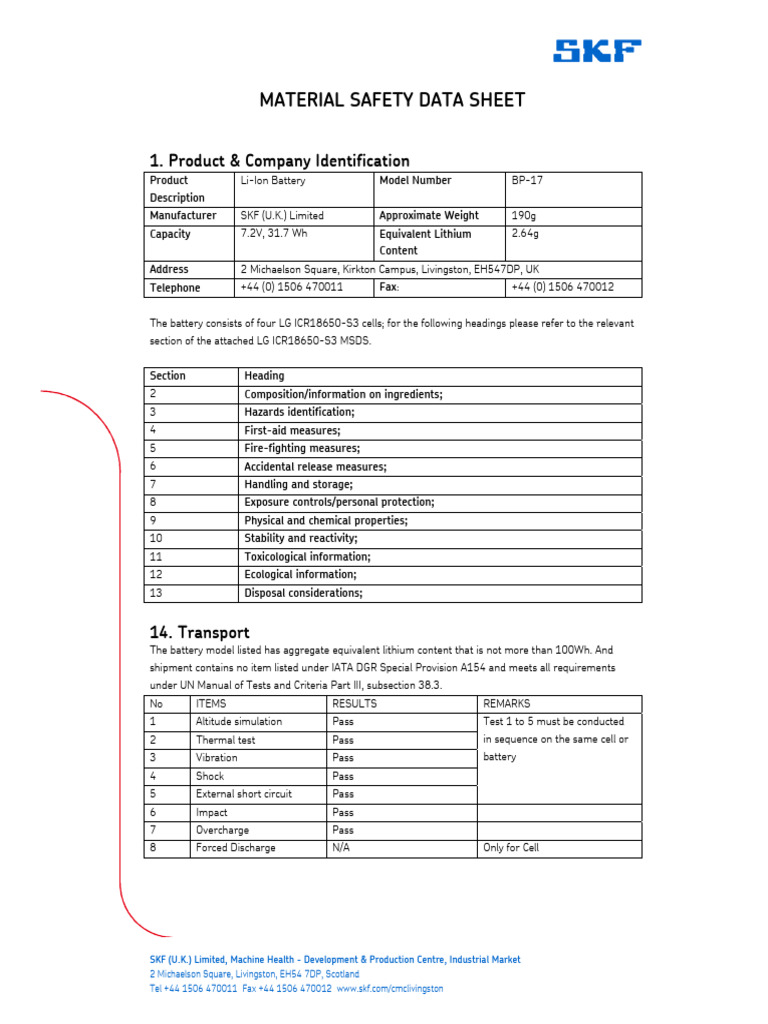 MSDS For Display Unit Battery in SKF Shaft Alignment Tools TKSA 60 ...