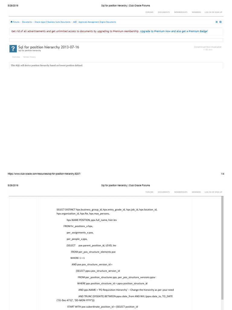 SQL For Position Hierarchy - Club Oracle Forums | PDF | Pl/Sql | Computer Programming