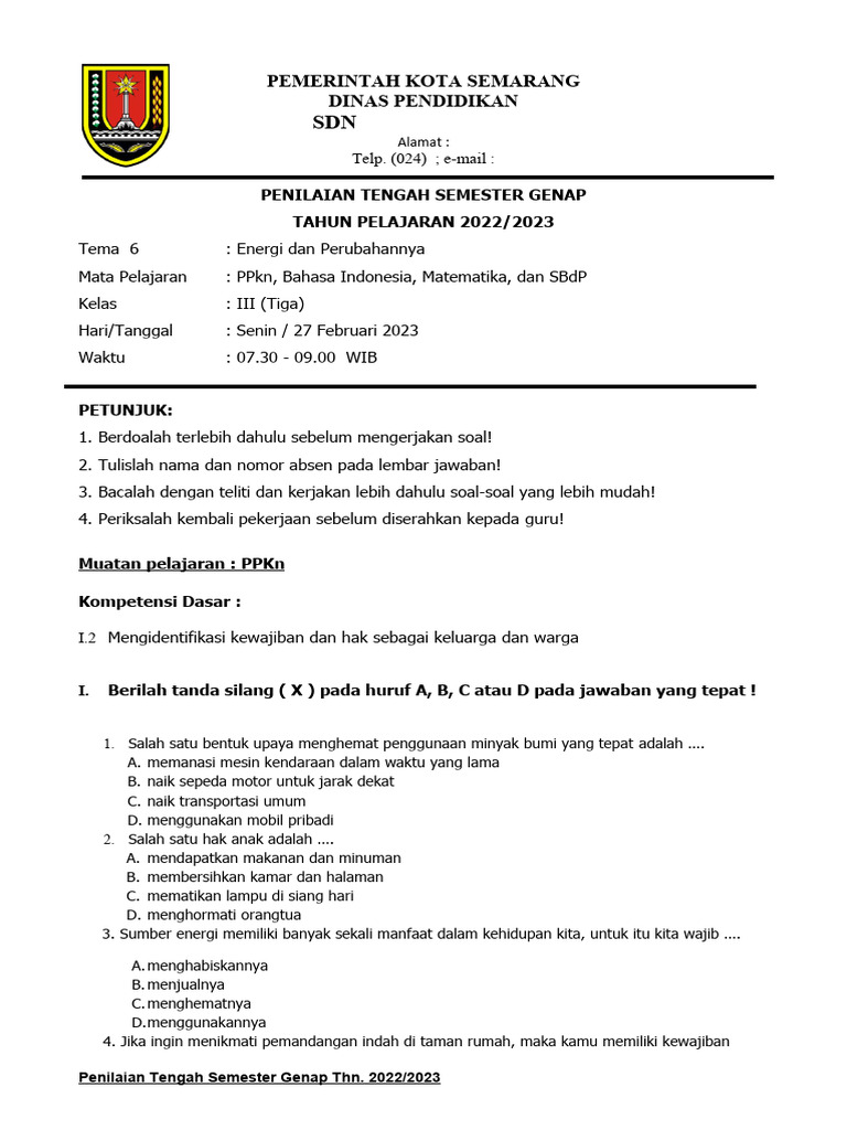 Soal PTS TEMA 6 Kls 3 SMT Genap 2022-2023 | PDF