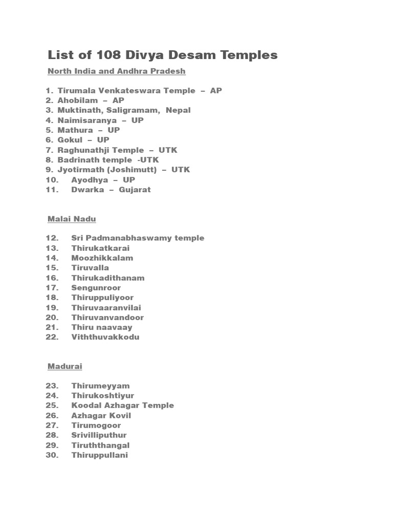 List of 108 Divya Desam Temples | PDF | Vaishnavism | Theistic Indian Philosophy