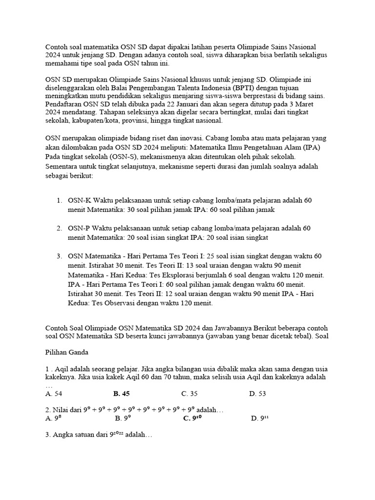 Contoh Soal Matematika OSN SD Dapat Dipakai Latihan Peserta Olimpiade ...