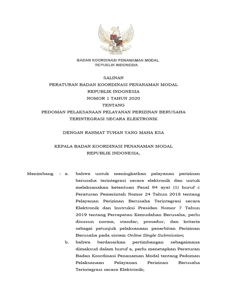 PERKA BKPM RI NOMO1 1 TAHUN 2020 Plus Lampiran | PDF