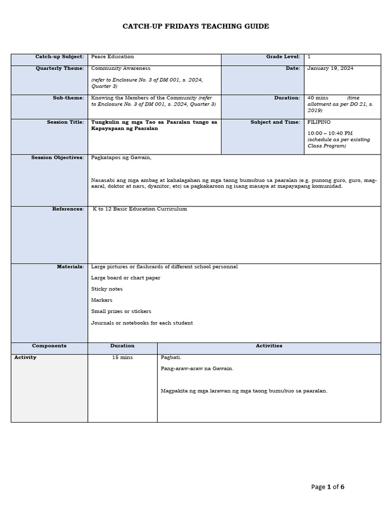 Sample Teaching Guide for Catch Up Fridays | PDF