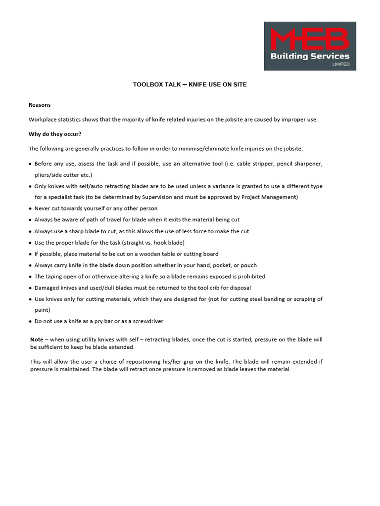Knife Safety Guidelines for Jobsite Use | PDF