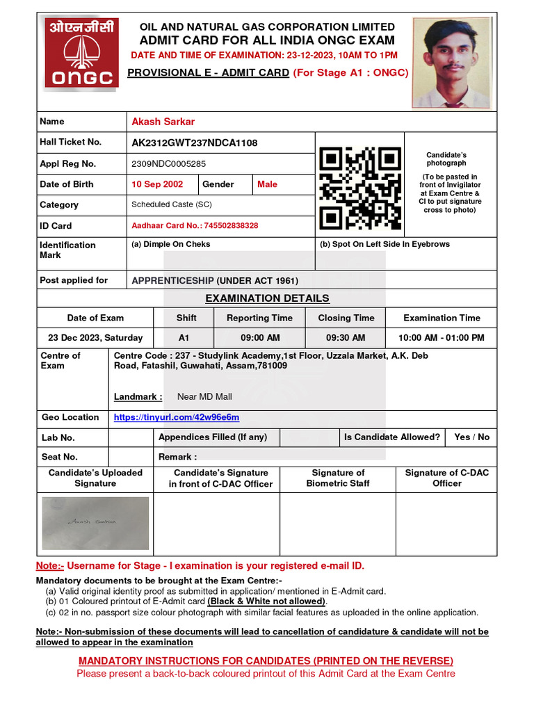 Ongc Admit Card Akash Sarkar Apprenticeship 2023 | PDF