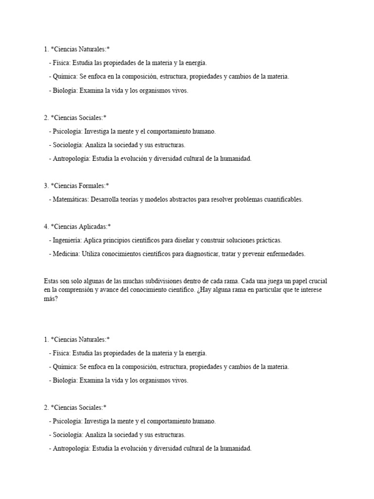 Ramas de las Ciencias: Un Resumen Completo | PDF | Science | Ciencias ...