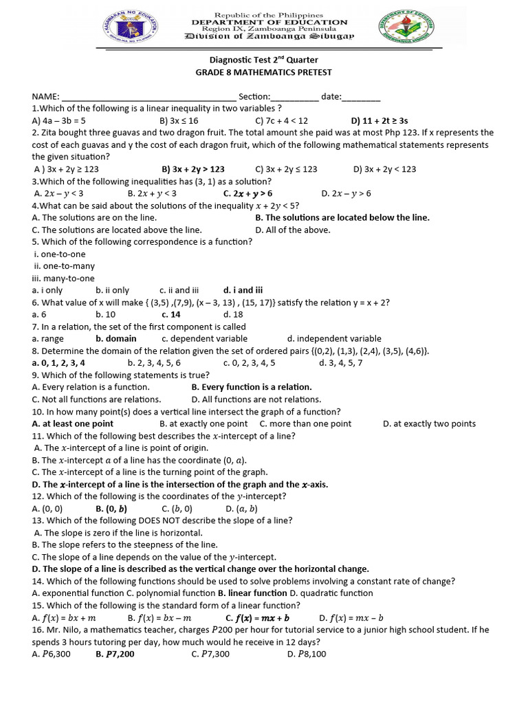 Grade 8 Mathematics Pretest | PDF | Mathematics | Mathematical Analysis