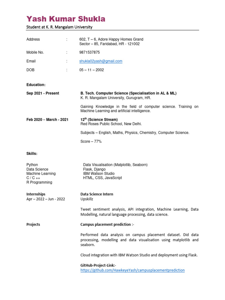 Resume - Yash | PDF | Computers