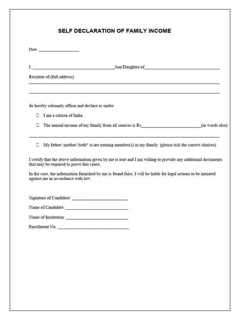 Self Declaration of Family Income | PDF