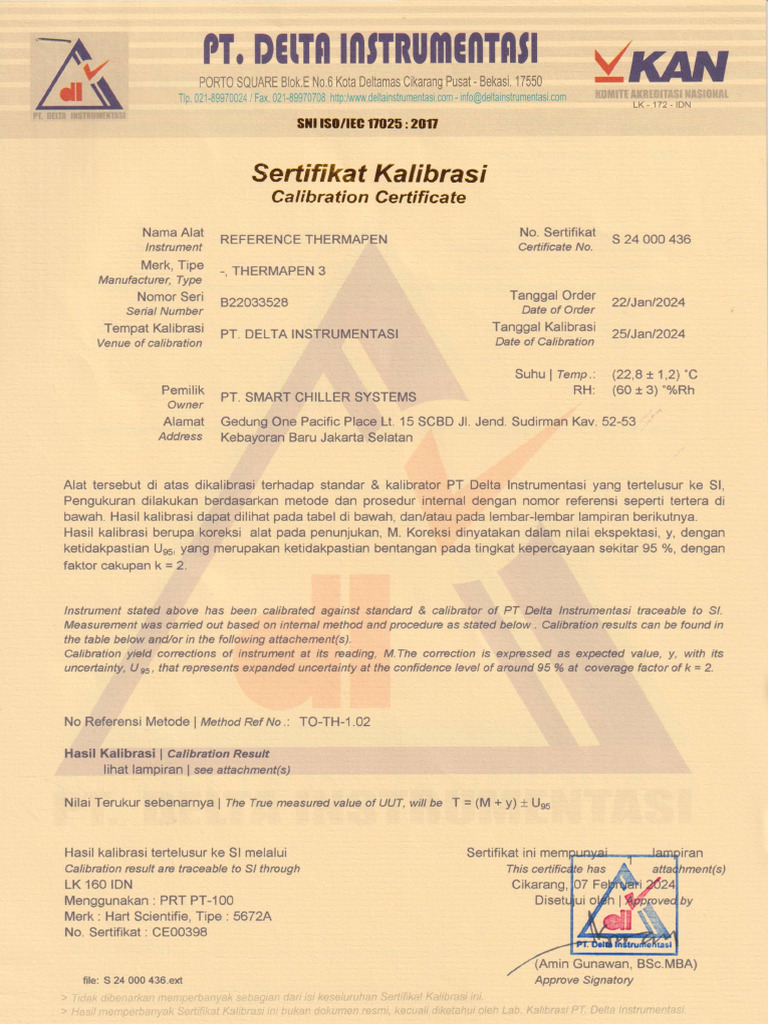 2024-02 - Delta Instrumentasi - Thermapen 3 Certificate B22033528 | PDF