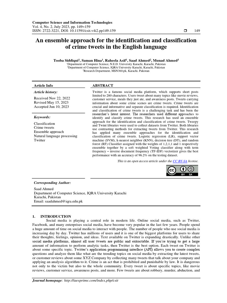 An Ensemble Approach For The Identification and Classification of Crime Tweets in The English ...