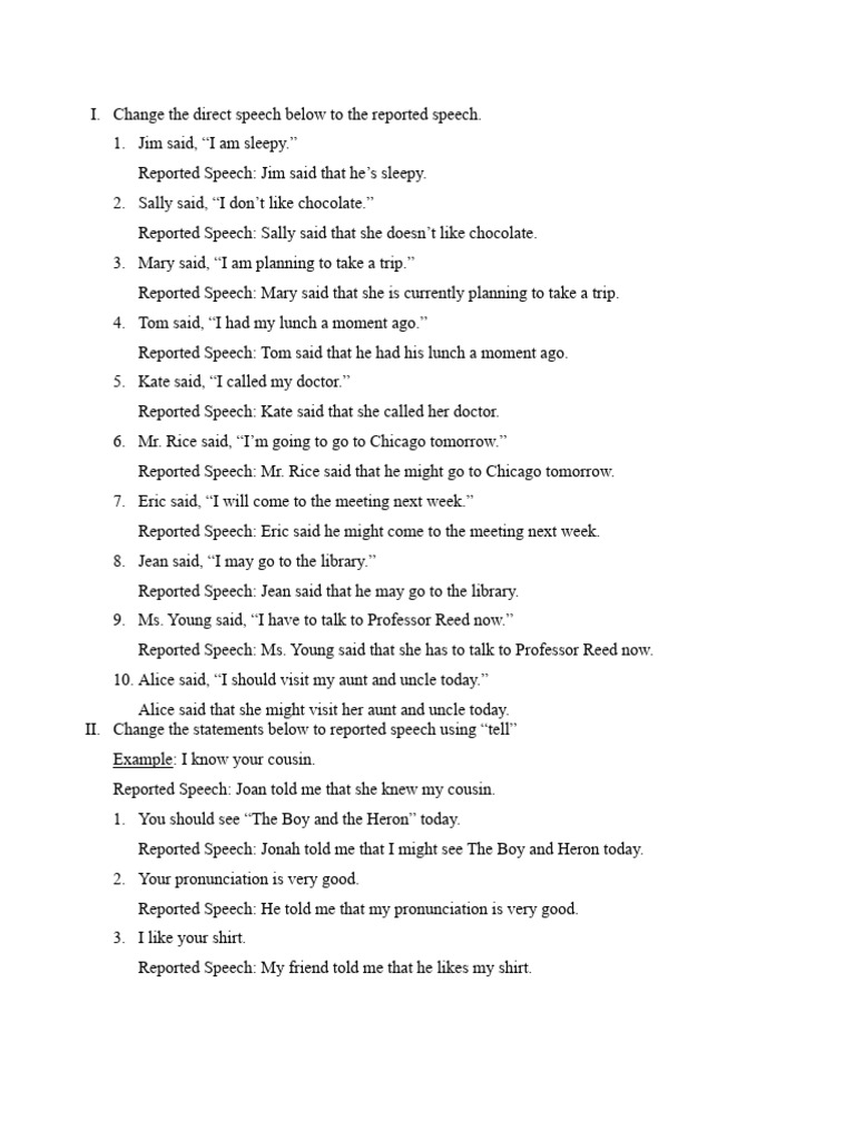 Direct and Reported Speech Exercise | PDF