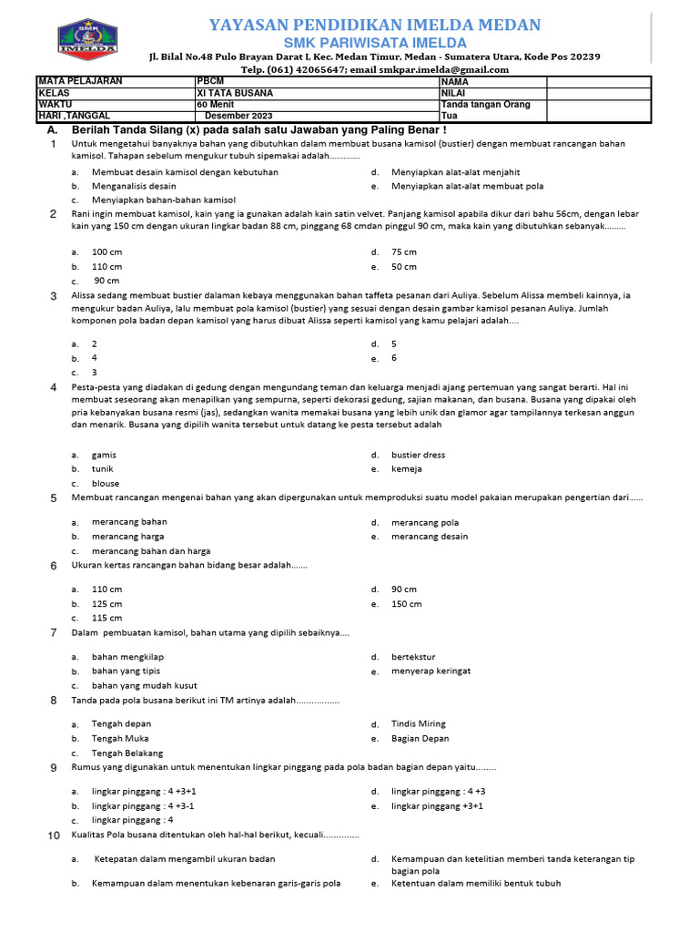 Soal PBCM Kelas Xi Tata Busana | PDF