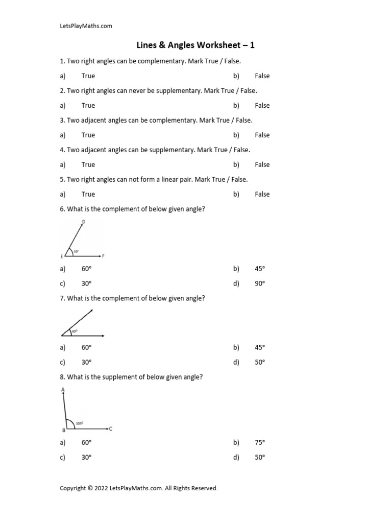 Lines and Angles Worksheet-1 | PDF | Angle | Elementary Geometry