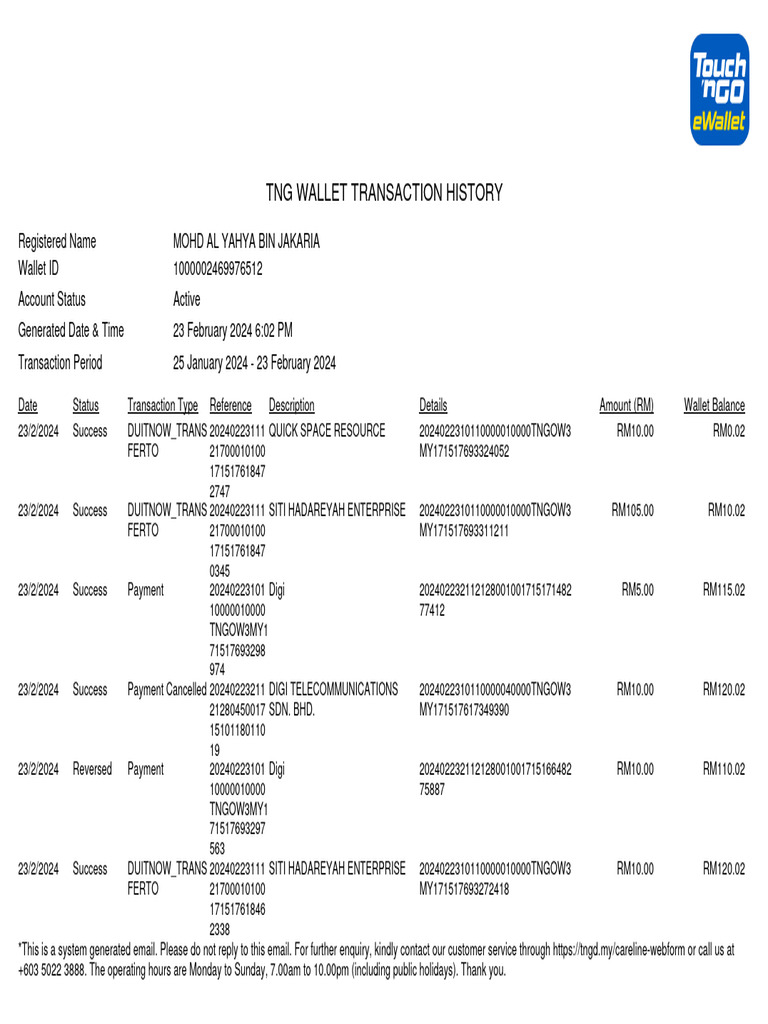 TNG Ewallet Transactions | PDF