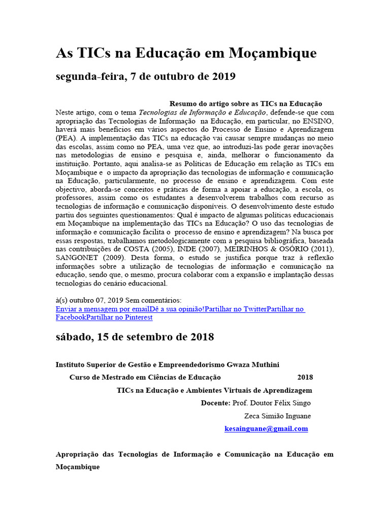 As TICs Na Educação em Moçambique | PDF