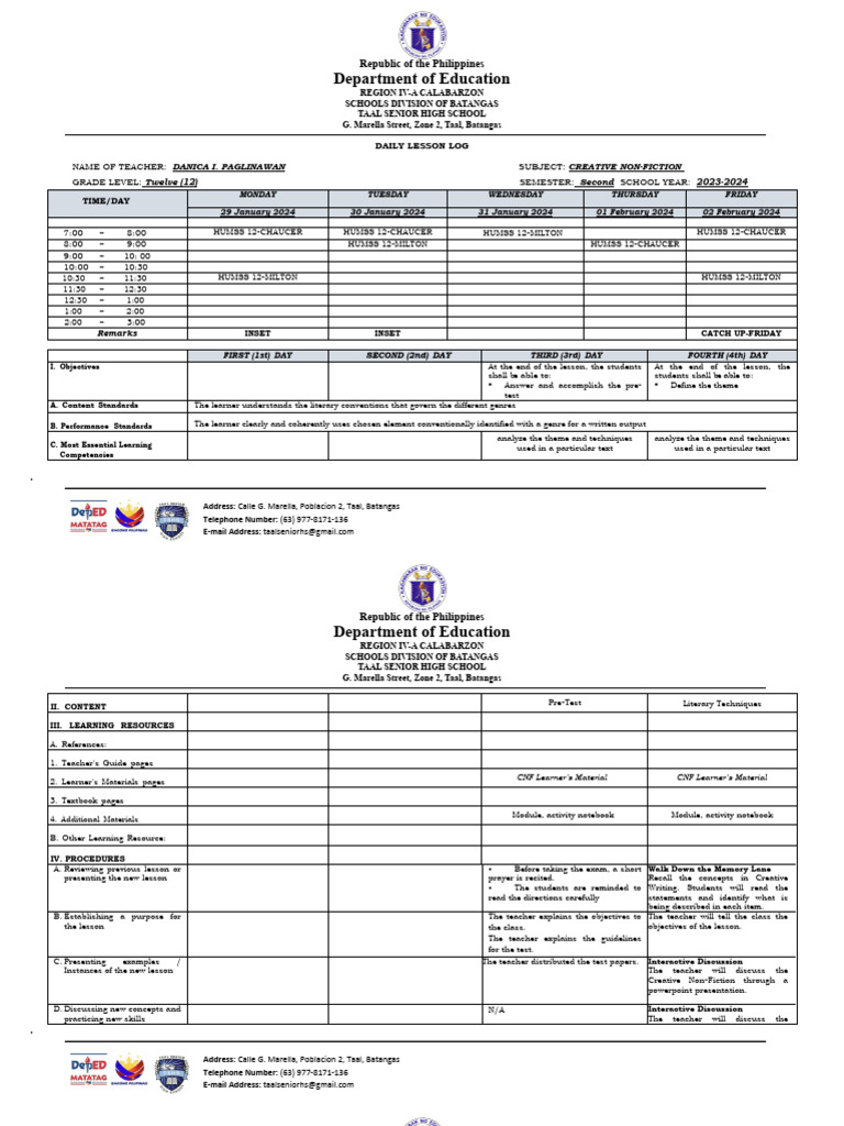 Daily Lesson Log 2023 CNF Week 1 | Download Free PDF | Learning | Teachers