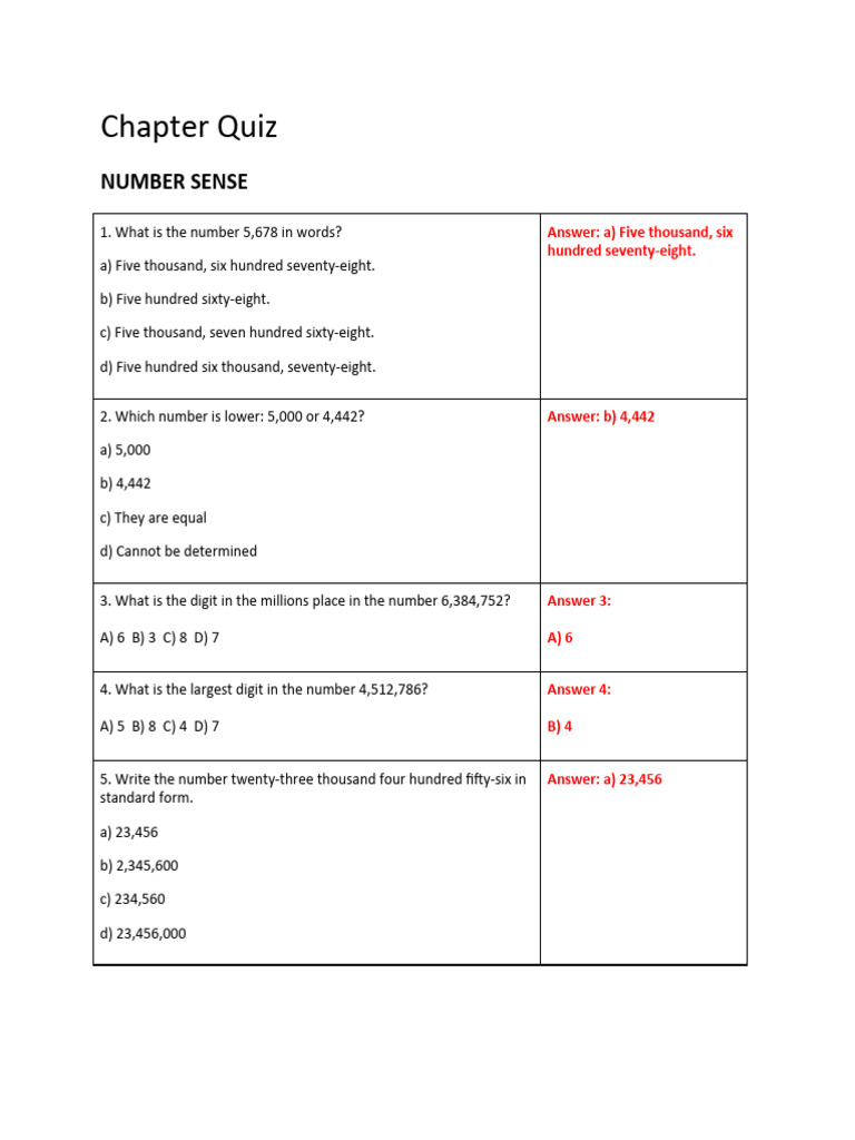 Number Sense and Multiplication Quiz | PDF | Multiplication ...