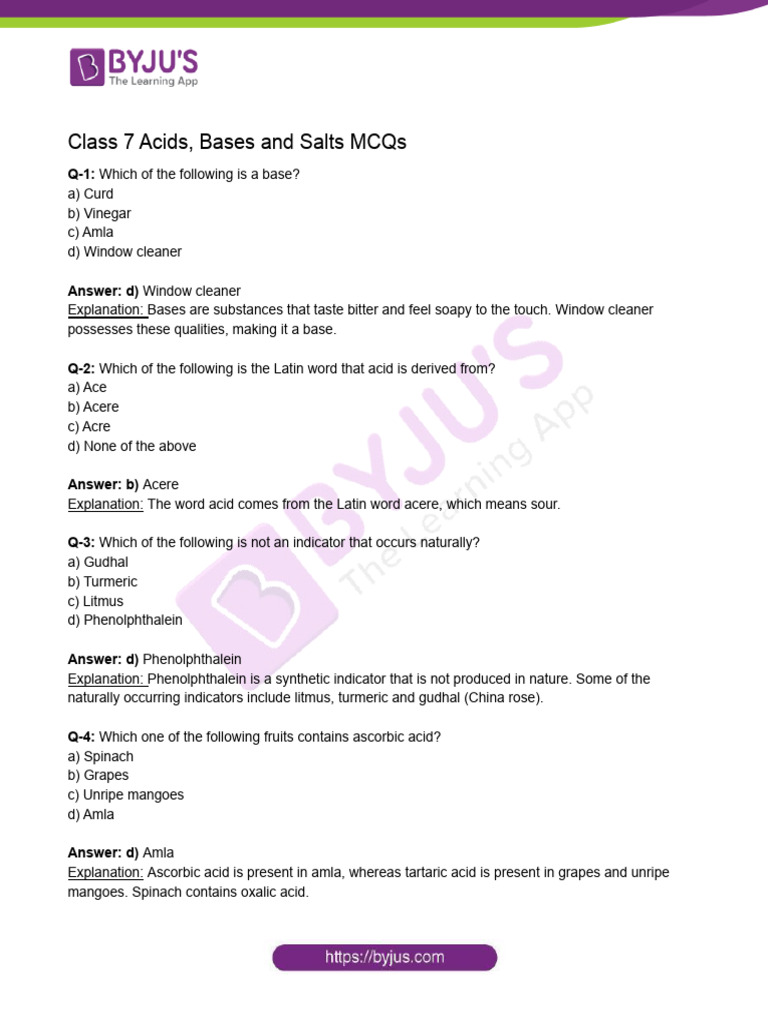 Class 7 Acids Bases and Salts MCQs | PDF