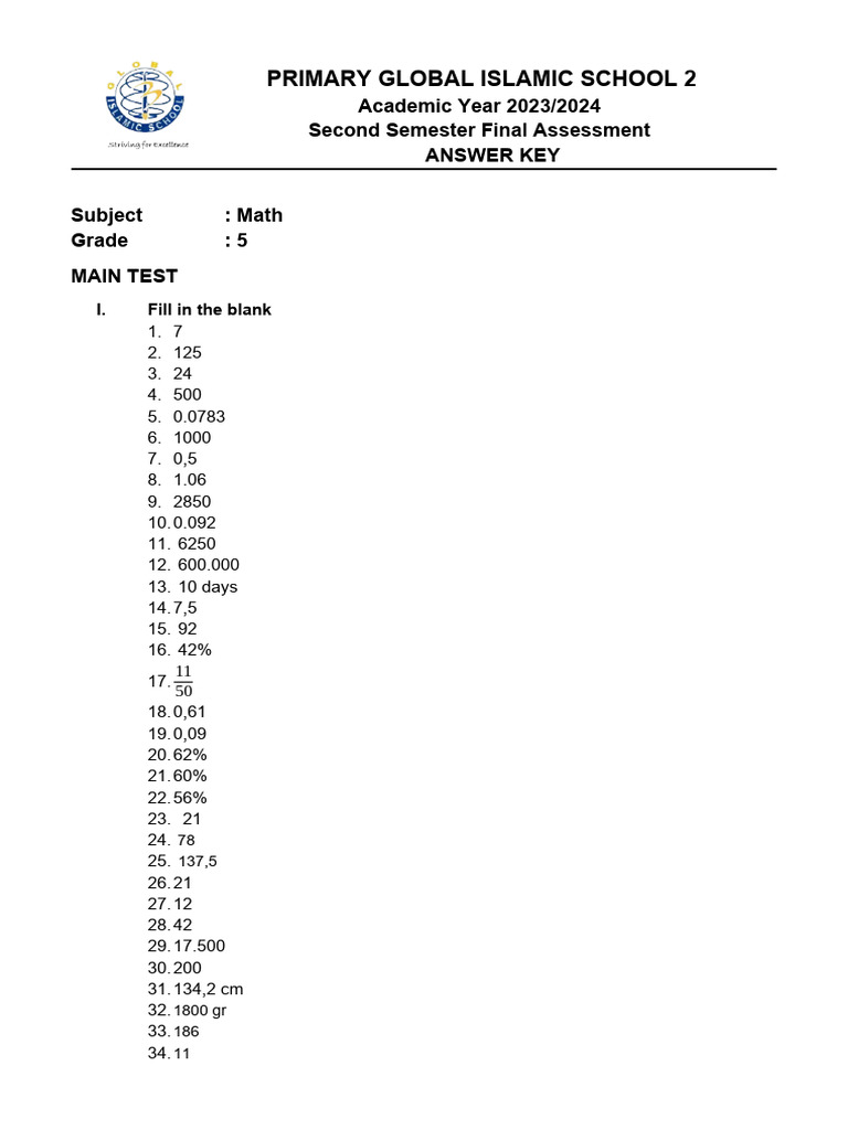 Grade 5 Math - Answer Key | PDF