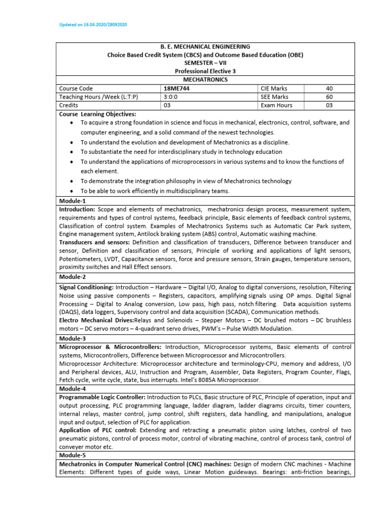 Mech Syllabus Pdf Programmable Logic Controller Mechatronics 