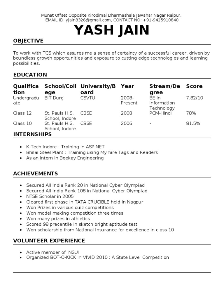 Resume Yash Jain Tcs | PDF