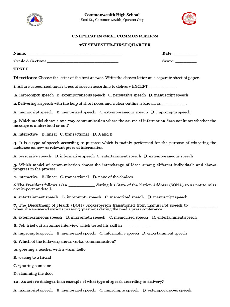 Oral Communication Unit Test Guide | PDF | Communication | Human ...