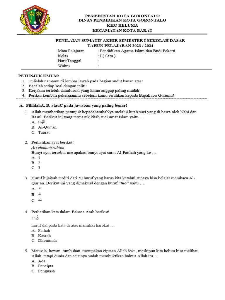SOAL SAS KELAS 1 Ganjil 2023 | PDF
