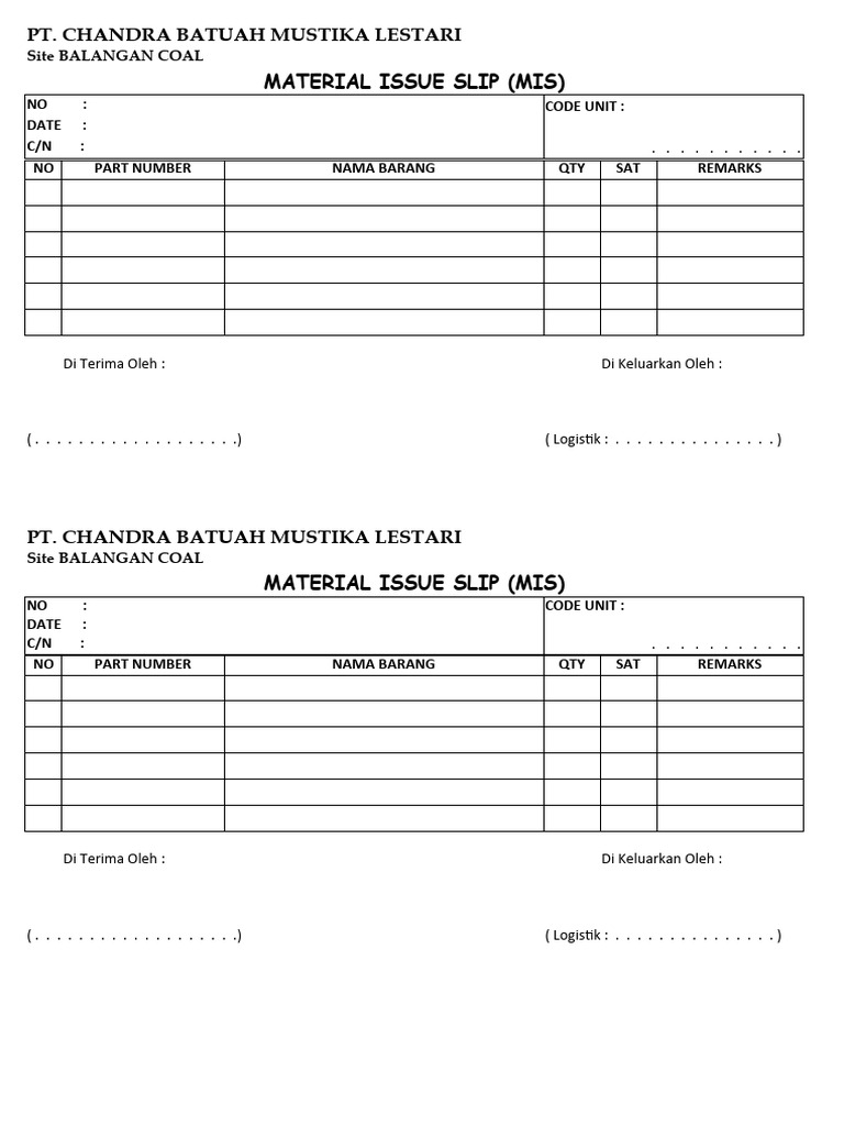 Pt. Chandra Batuah Mustika Lestari Material Issue Slip (Mis) | PDF