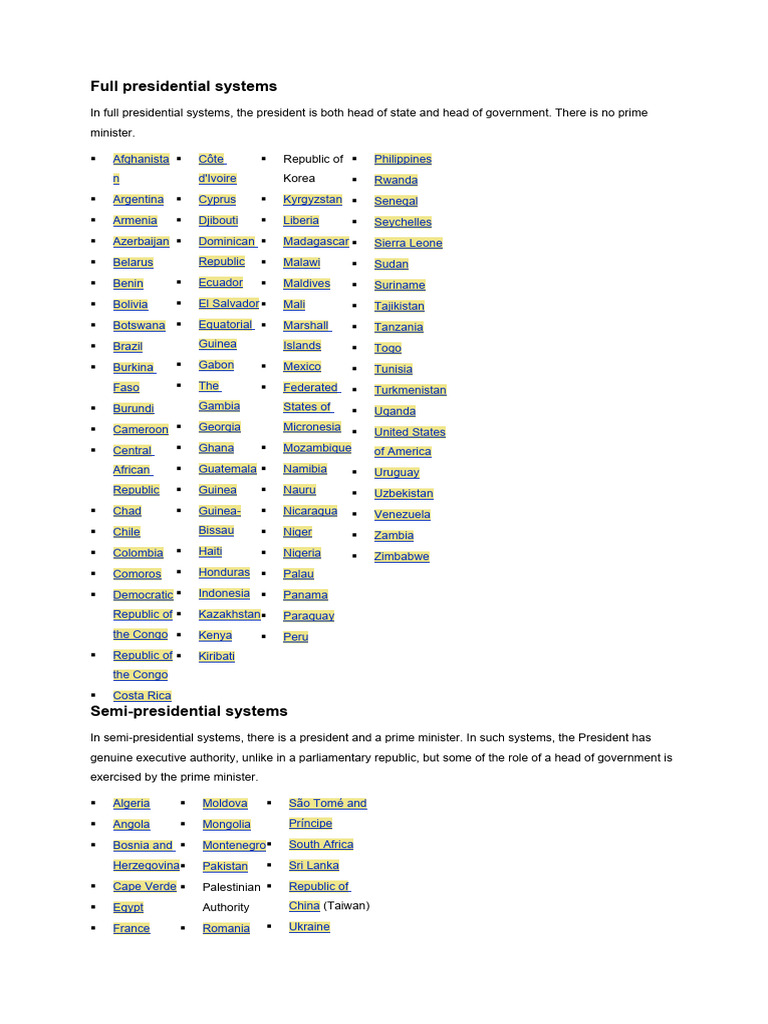 Full Presidential Systems | PDF