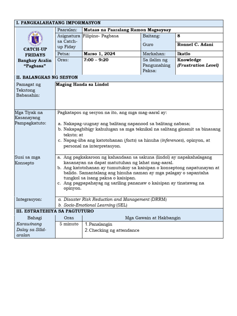 G8-CUF-FILIPINO-READING-Lesson-Plan-March 1 | PDF