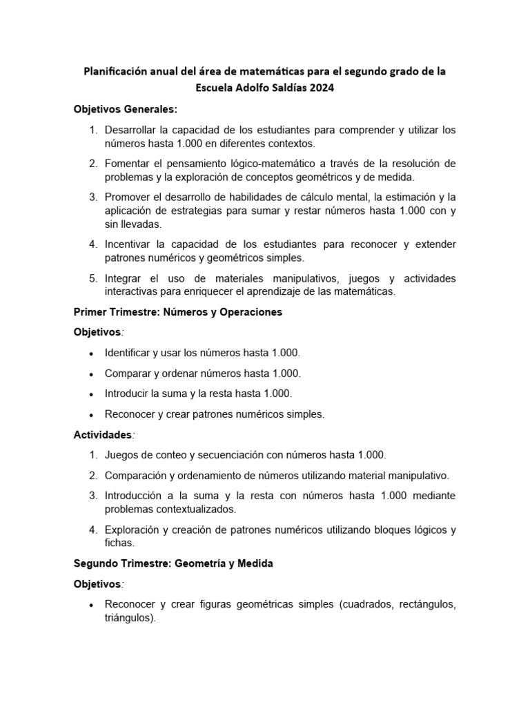 Planificación Anual Del Área De Matemáticas Para El Segundo Grado De La