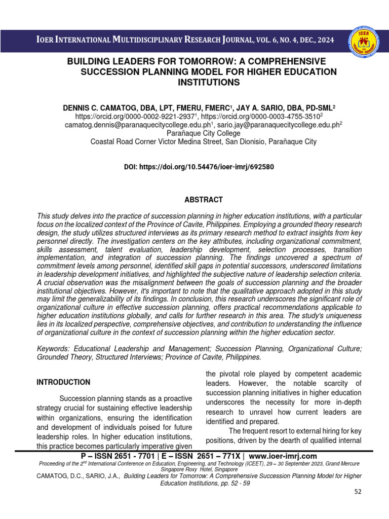 Building Leaders for Tomorrow a Comprehensive Succession Planning Model for Higher Education ...