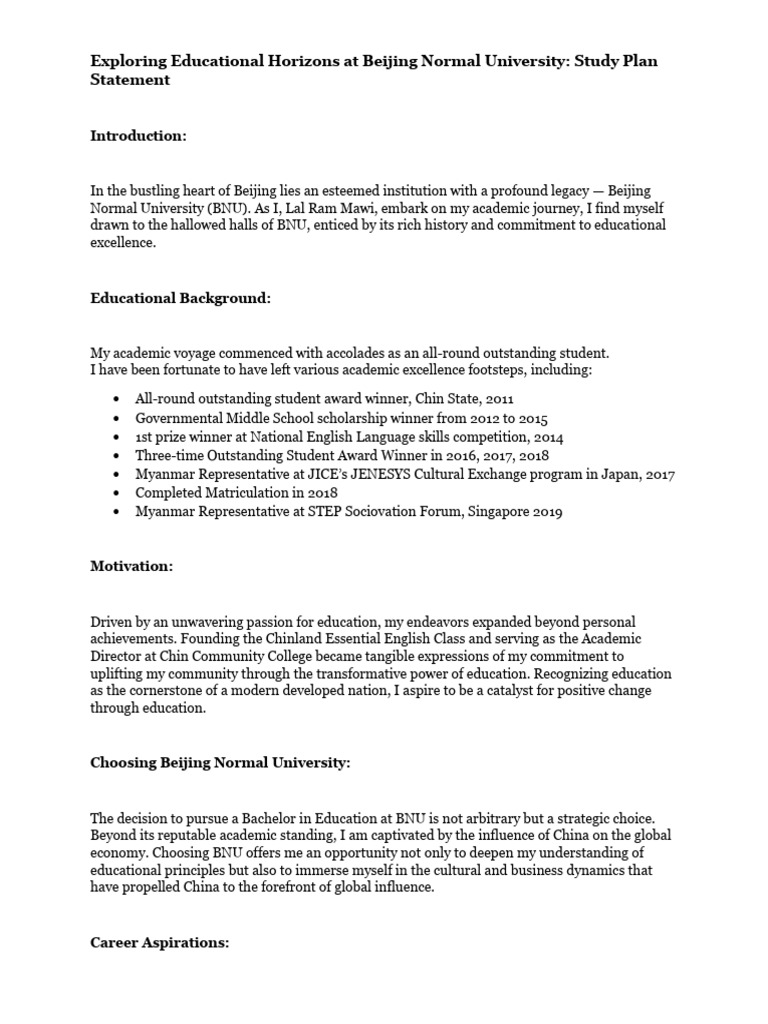 Sample Study Plan Statement | PDF