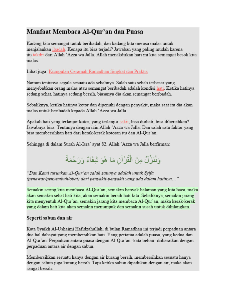 8-Manfaat Membaca Al-Qur'an Dan Puasa | PDF
