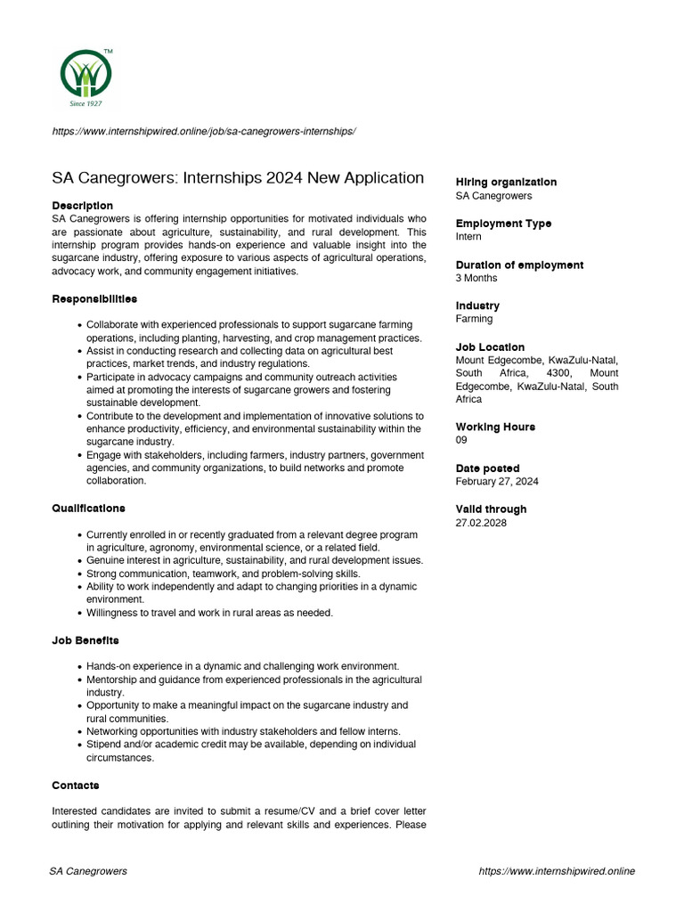 Sa Canegrowers Sa Canegrowers Internships 2024 New Application February 27 2024 | PDF