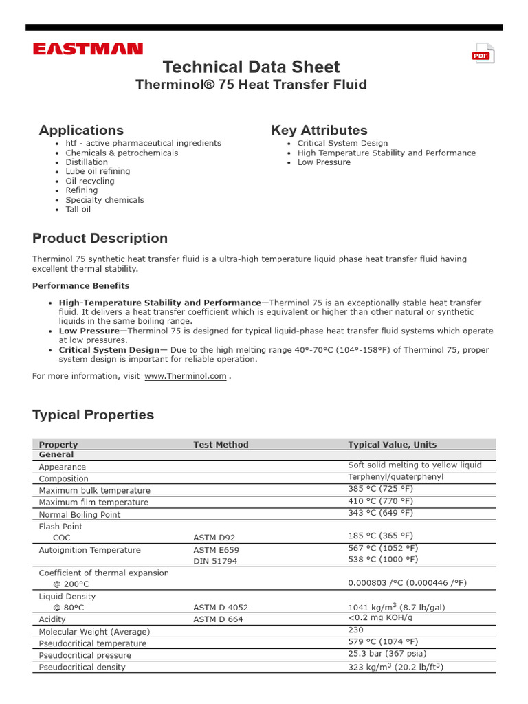 TDS Therminol 75 | PDF | Heat Transfer | Liquids